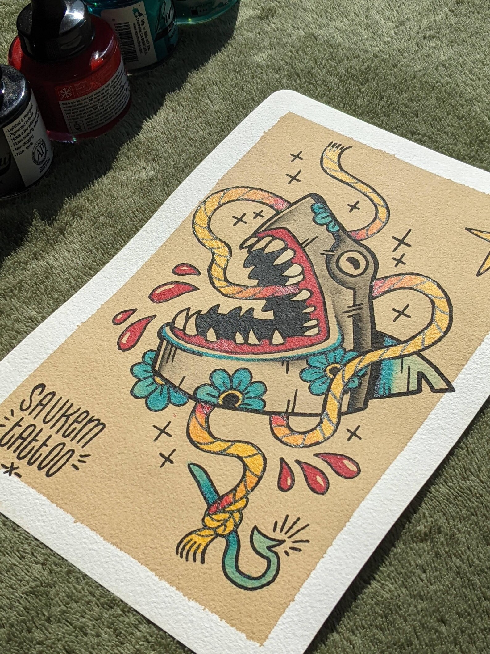 Handpainted Traditional Tattoo Flash - Severed Shark Head With Rope and ...