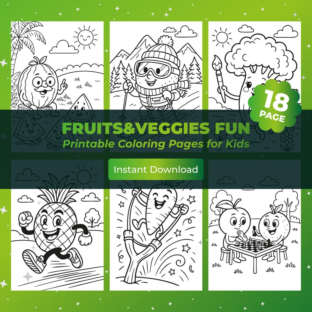 Fruits & Veggies Fun - Printable Coloring Pages for Kids | Instant ...