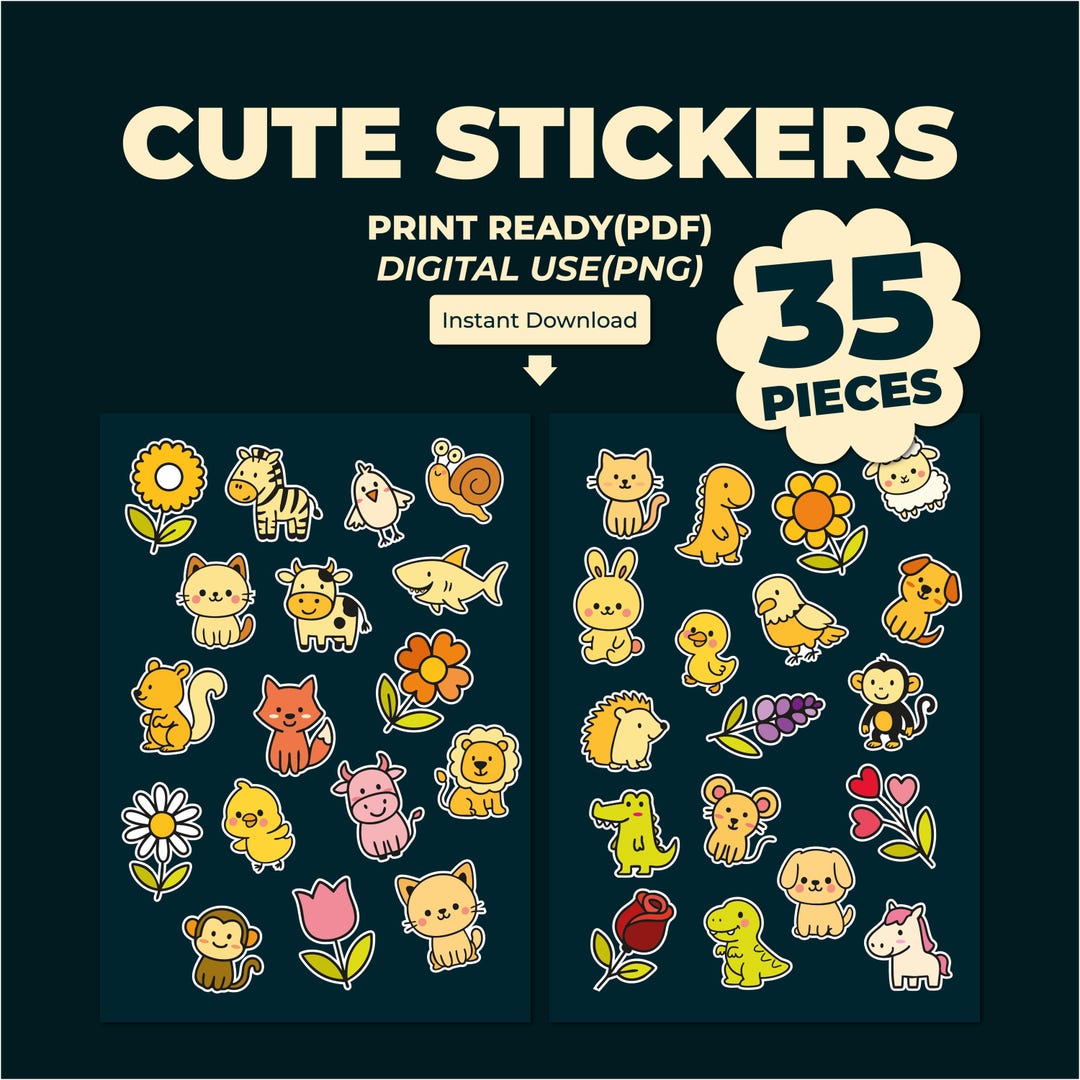 35 Kawaii Animal Stickers: A4 Printable Sticker Pack (digital Download ...