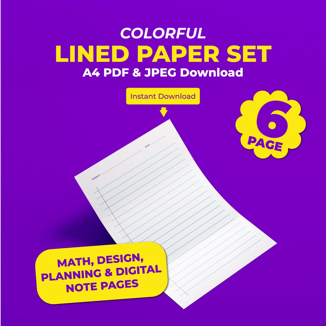 Colorful Lined Paper Set: A4 Printable Pages (PDF & JPEG) - Etsy