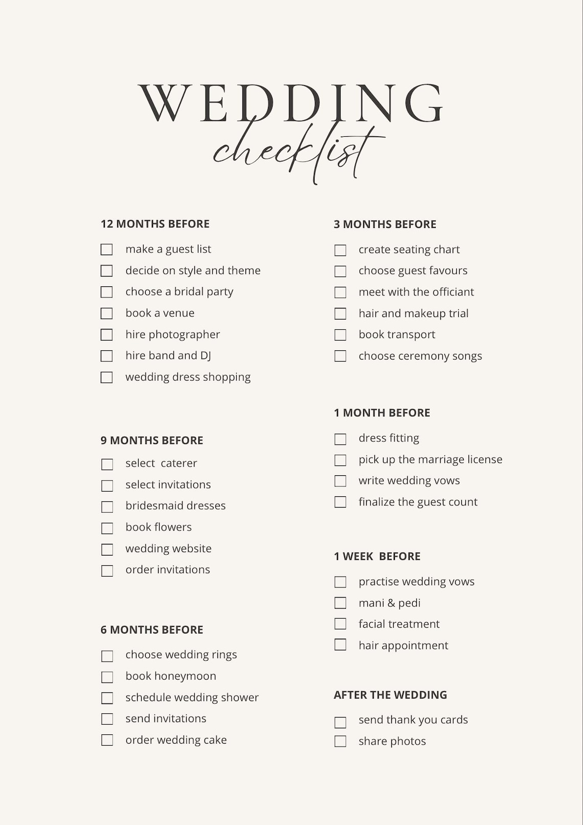 Printable Wedding Planner: 12-month Checklist, Editable PDF (digital ...