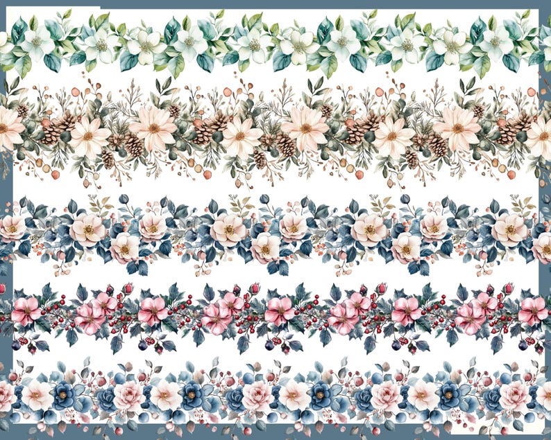 Watercolor Winter Borders Clipart: Snowy Floral PNG (digital Download ...
