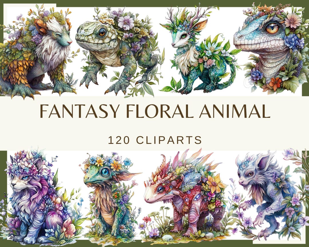 FANTASY FLORAL ANIMALS - 120 Clip Arts (300 Dpi, Bundle, Digital ...