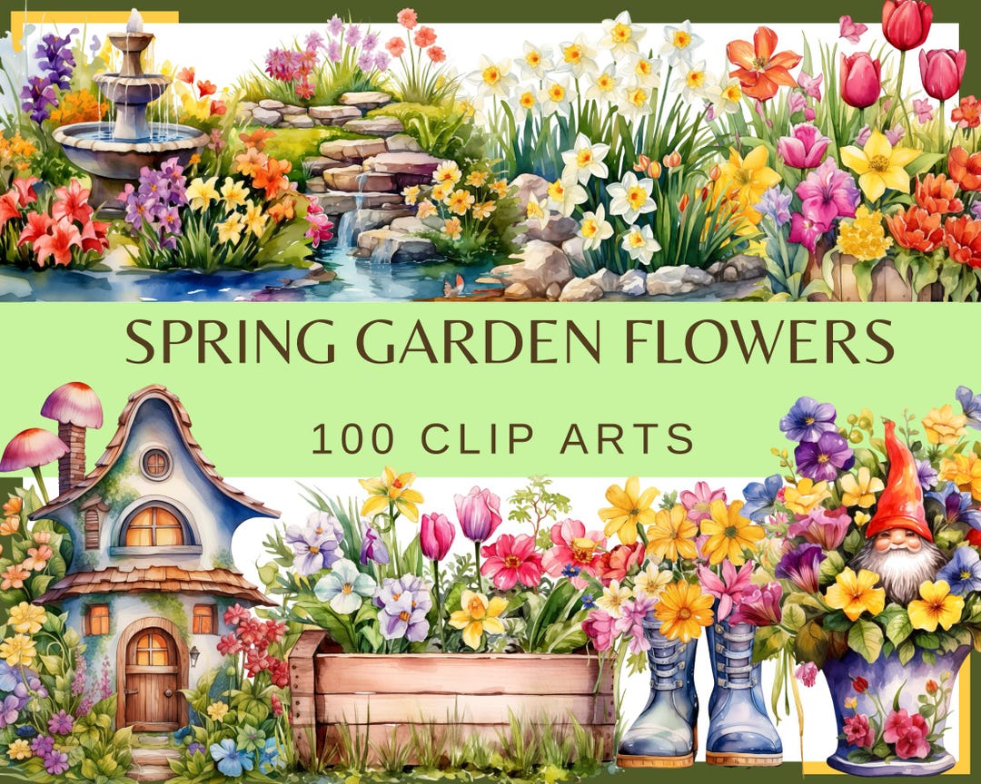 Spring Garden Flowers Clipart: 100 PNG Illustrations (digital Download ...