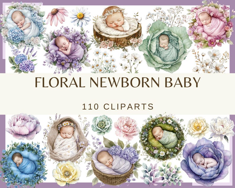 Floral Newborn Watercolor Clipart: 110 PNG Images (Commercial Use ...
