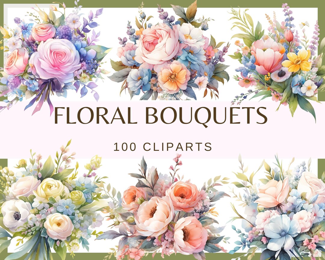 FLORAL BOUQUETS - 100 Clip Arts (300 Dpi, Commercial Use, Bundle ...
