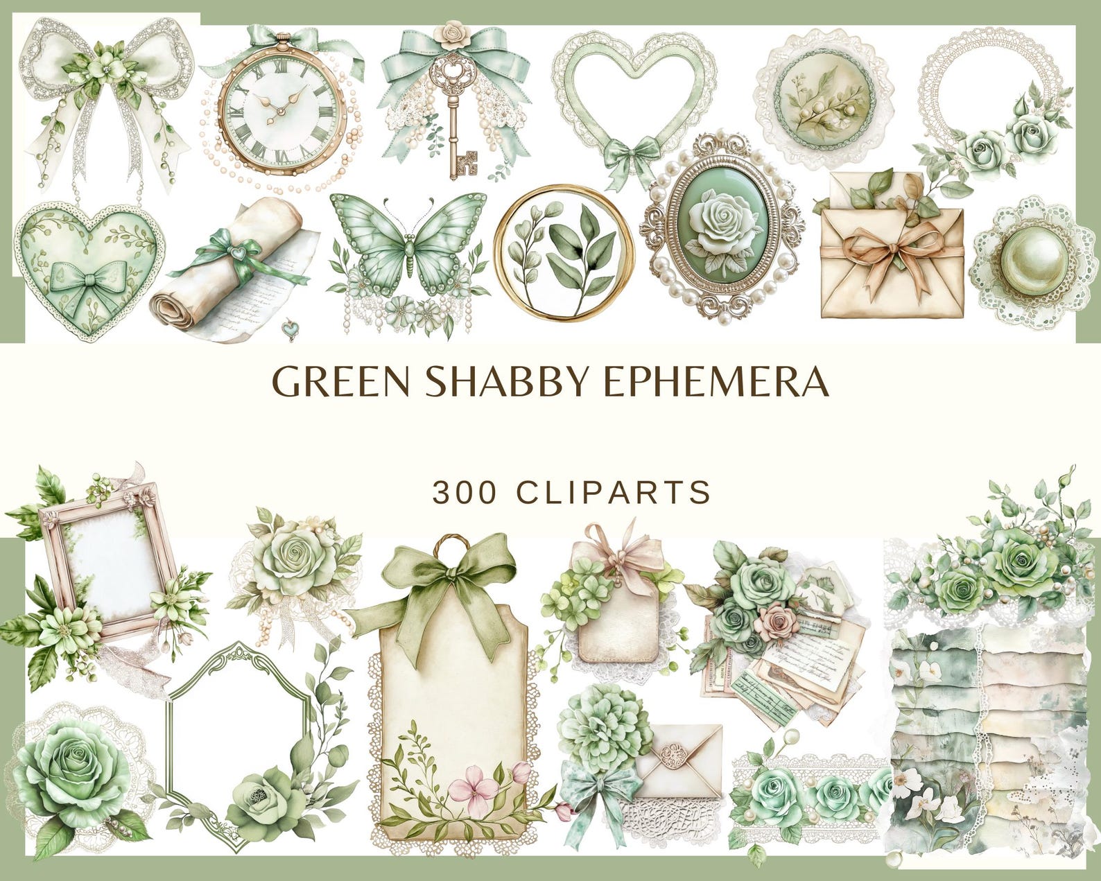 Shabby Green Ephemera: 300 PNG, 300 DPI (every Image Separate on 1 Page ...