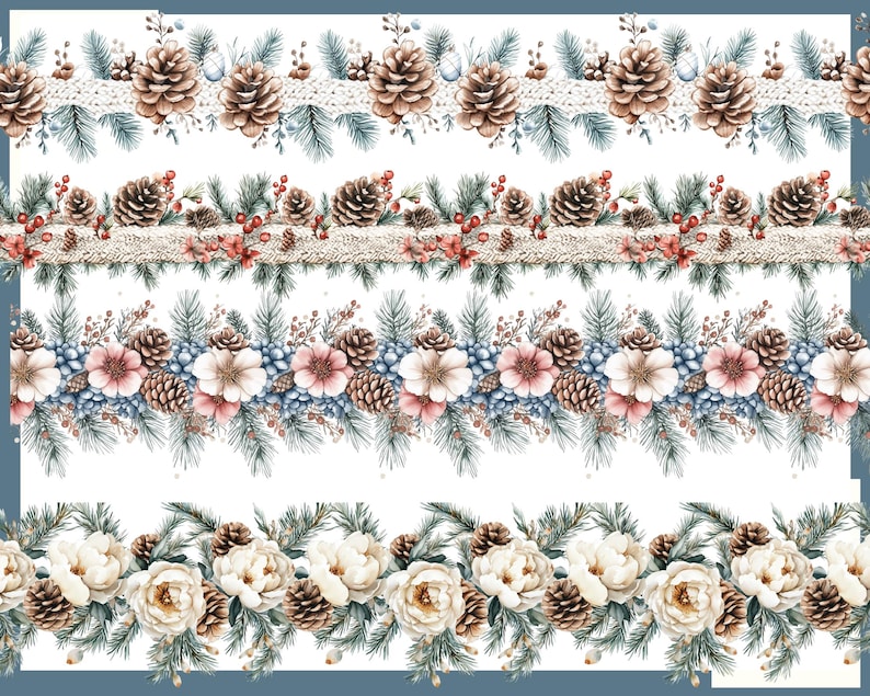 Watercolor Winter Borders Clipart: Snowy Floral PNG (digital Download ...