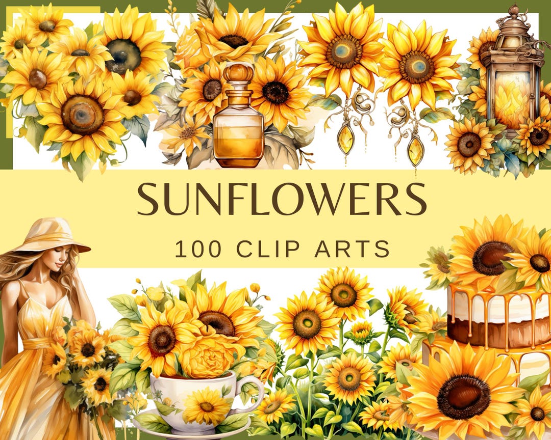 Sunflower Clipart Bundle: 100 PNG Floral Graphics (commercial Use ...
