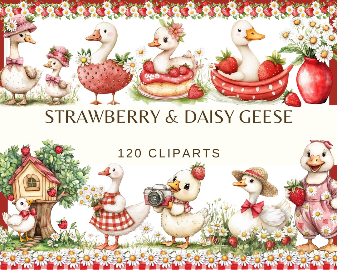 Strawberry Daisy Geese Clipart: Cottagecore Watercolor Graphics (120 ...