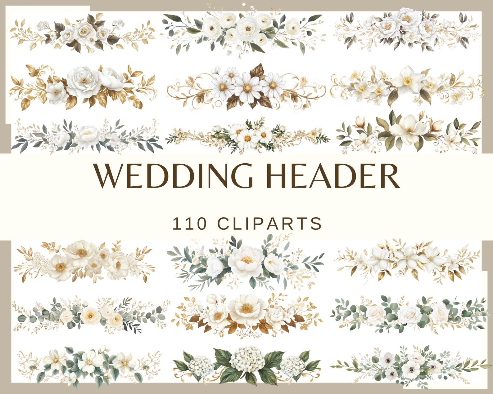Floral Wedding Header Clip Art: Transparent PNG Bundle (digital ...