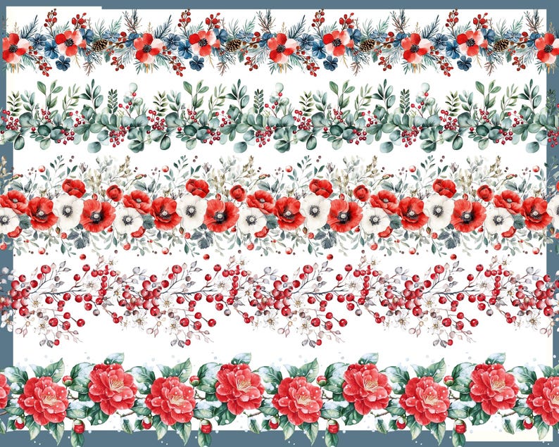 Watercolor Winter Borders Clipart: Snowy Floral PNG (digital Download ...
