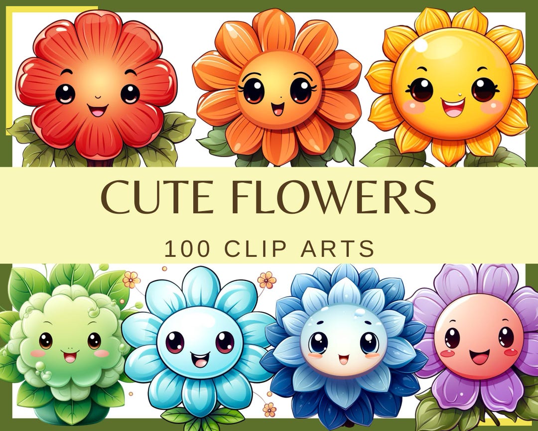 CUTE KAWAII FLOWERS - 100 Clip Arts (300 Dpi, Flower, Transparent ...
