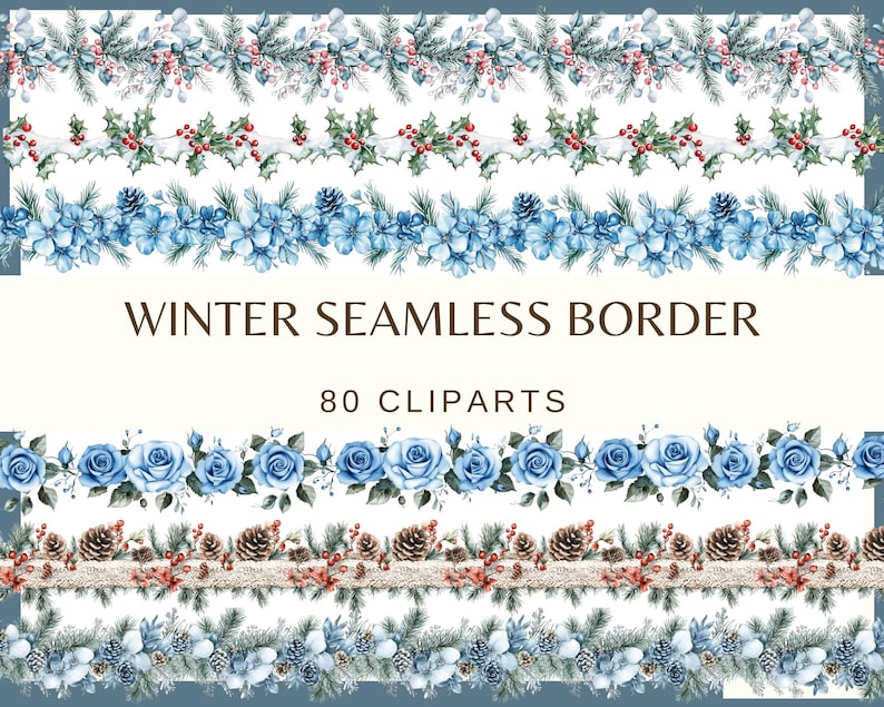 Watercolor Winter Borders Clipart: Snowy Floral PNG (digital Download ...