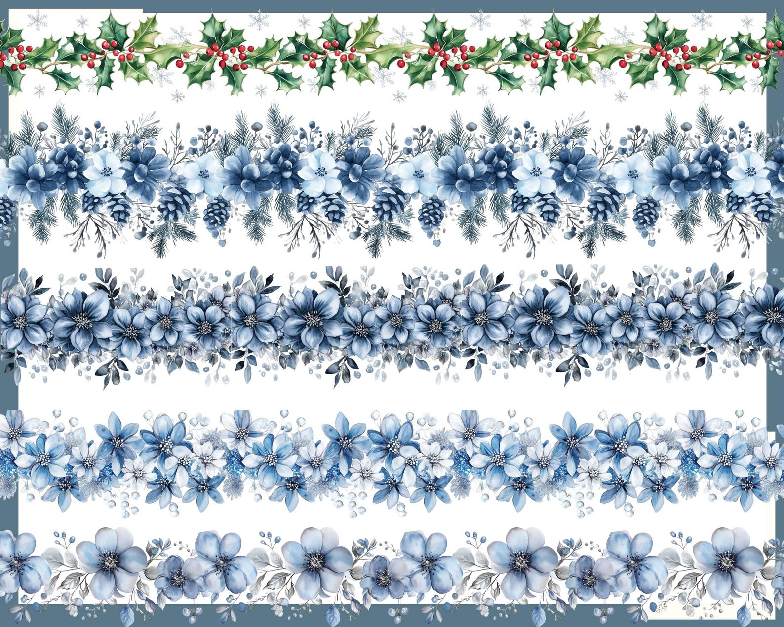 Watercolor Winter Borders Clipart: Snowy Floral PNG (digital Download ...
