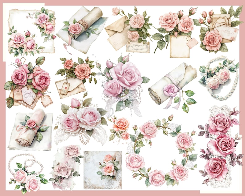 Rose Ephemera: 230 PNG, 300 DPI (every Image Separate on 1 Page With ...