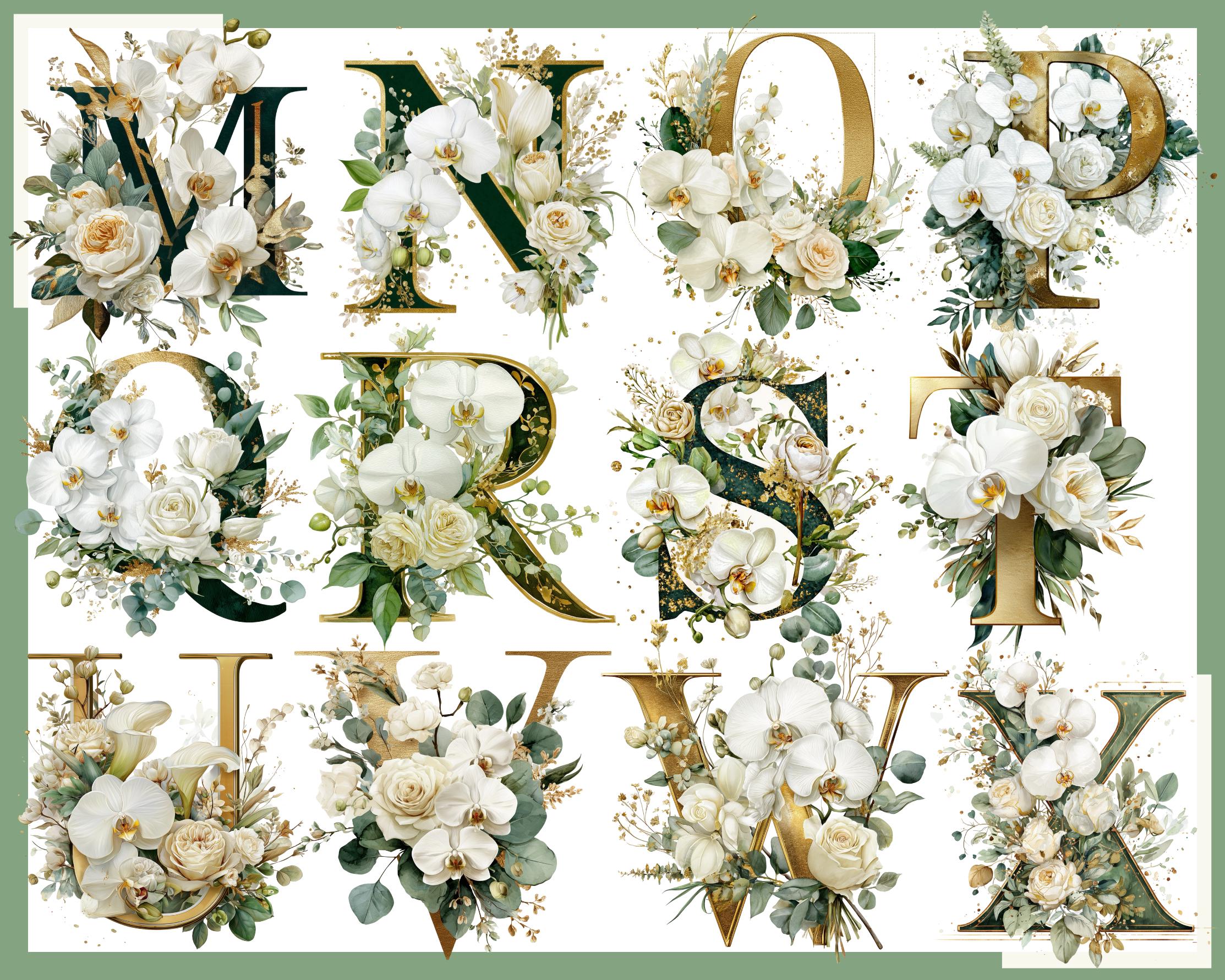 Floral Wedding Alphabet: 150 PNG, 300 DPI Monogram Letters for ...