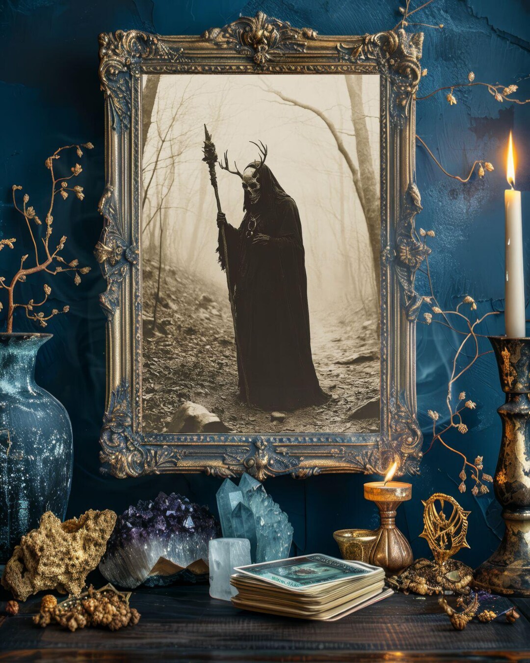Haunted Shaman Druid Skull Poster, Creepy Occult Horned Figure Gothic ...