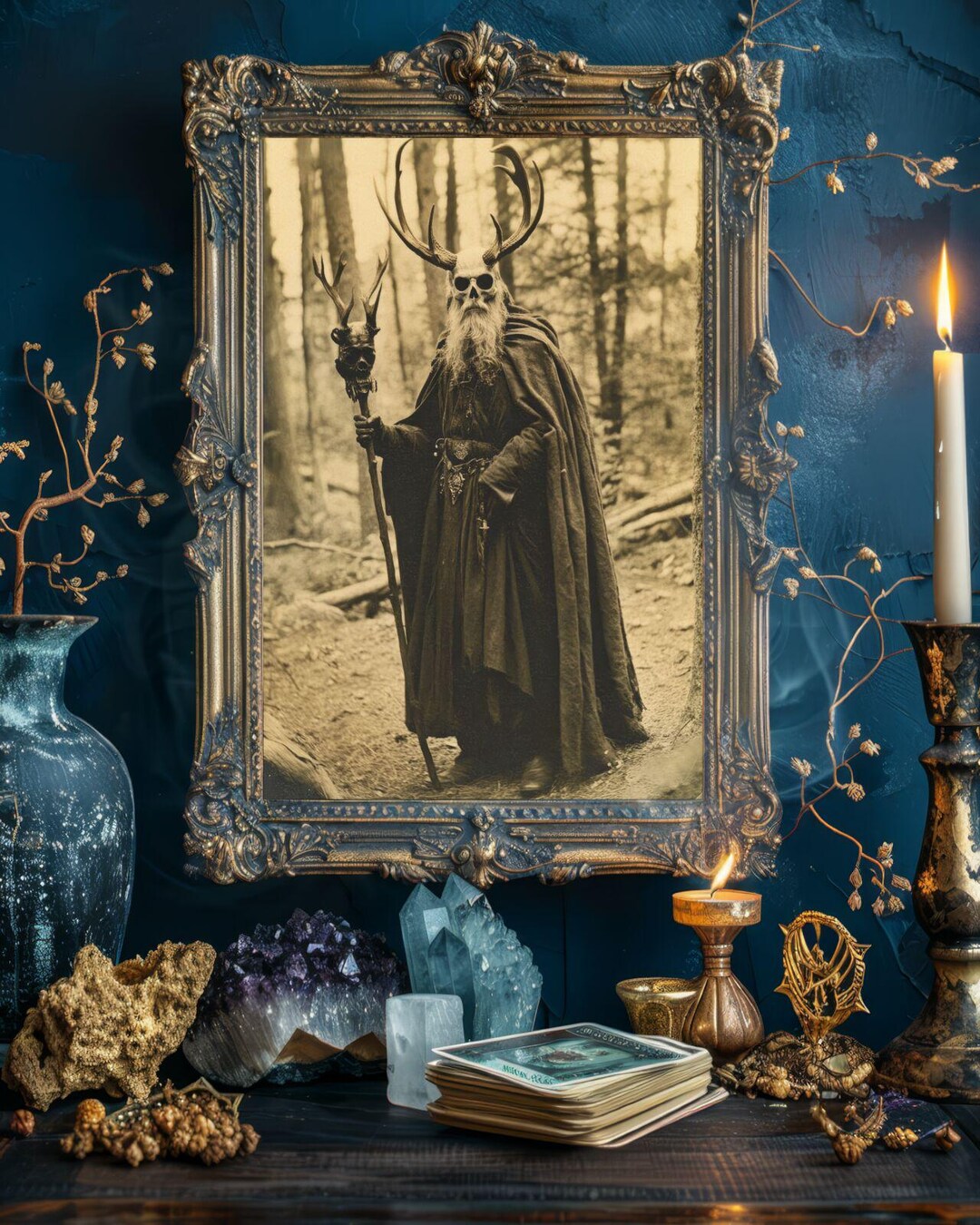 Haunted Shaman Druid Skull Poster, Creepy Occult Horned Figure Gothic ...