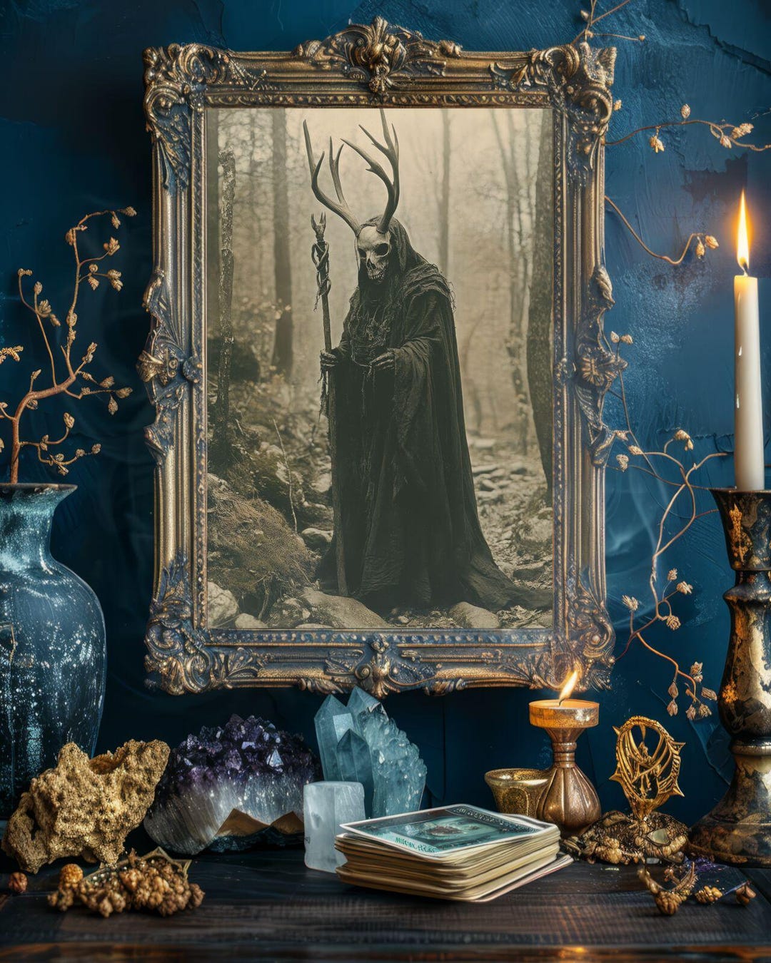 Haunted Shaman Druid Skull Poster, Creepy Occult Horned Figure Gothic Wall Art, Dark Academia ...