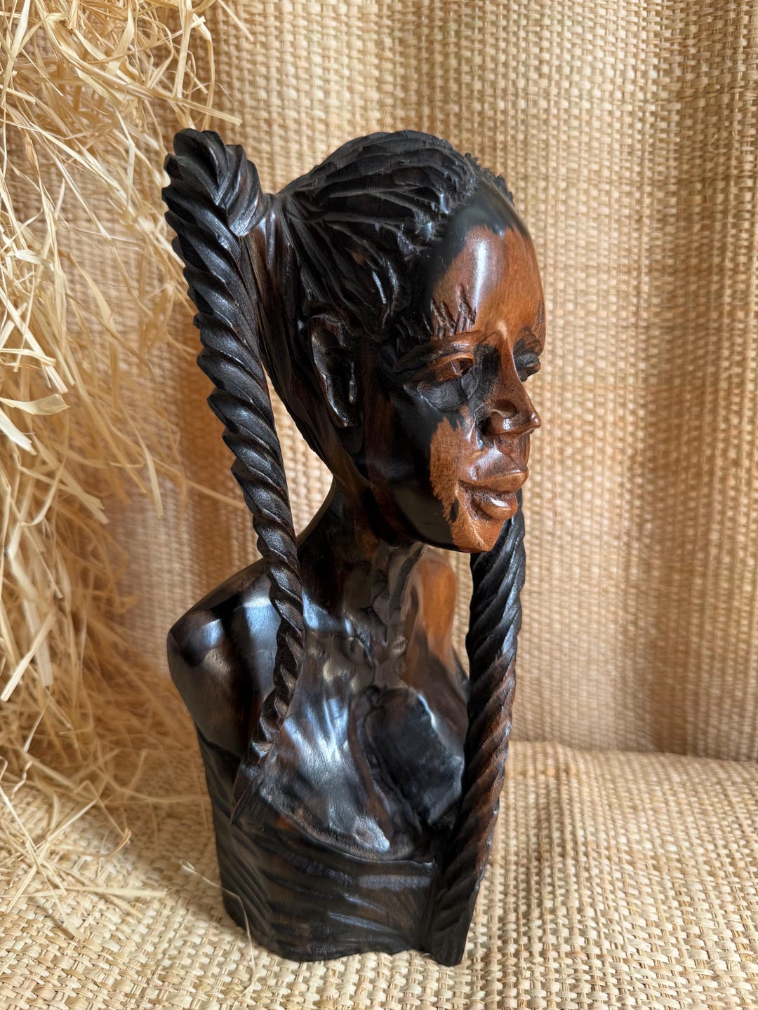 African Head Sculpture – Hand-carved Ebony Wood Bust, Two Braids ...