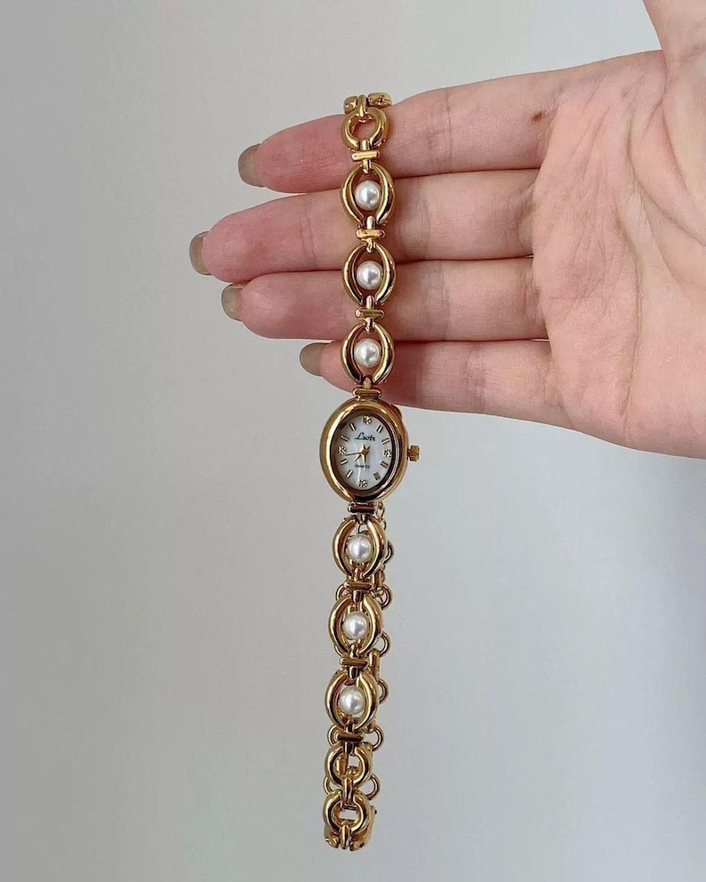 Elegant Pearl Watch Choker Necklace, Gold Watch Necklace, Red Heart ...