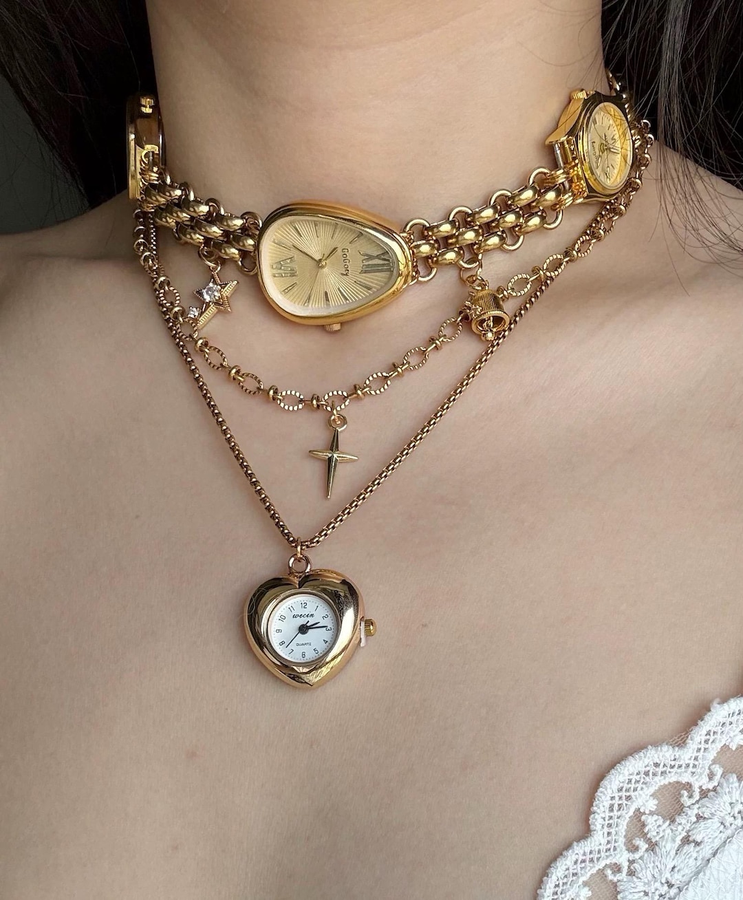 Vintage Gold Heart Watch Choker Necklace,punk Triple Watch Necklace ...