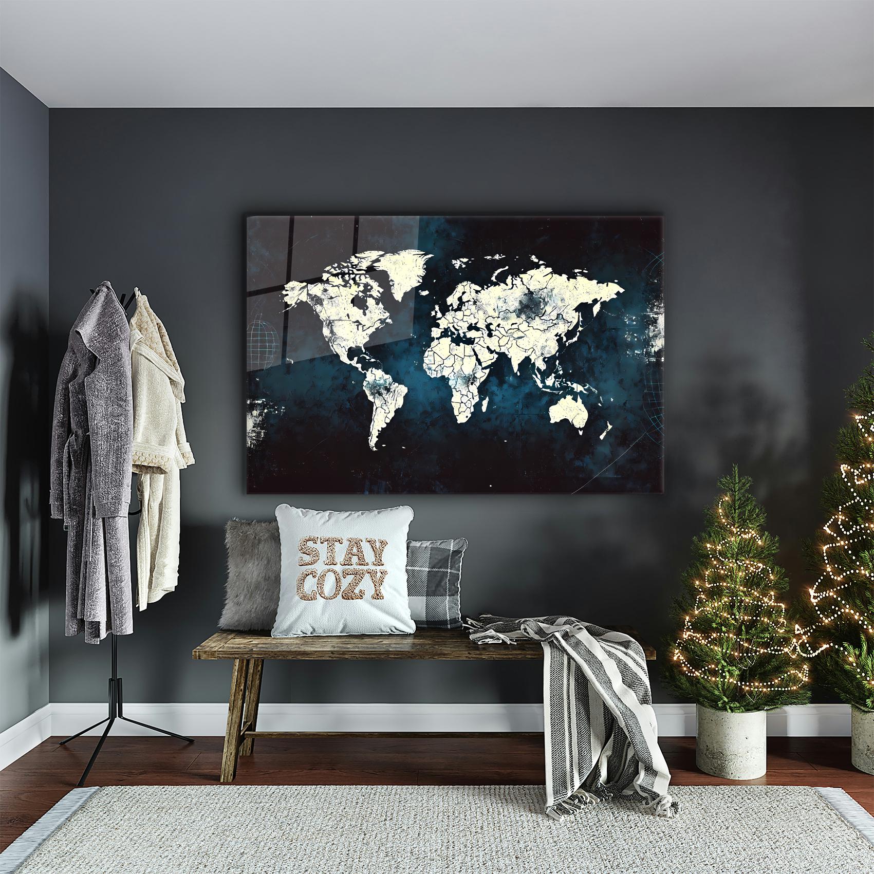 World Map Glass Wall Art, White World Map Tempered Glass Wall Decor ...
