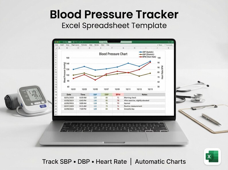 Blood Pressure Log Excel Template | Systolic & Diastolic BP Tracker ...