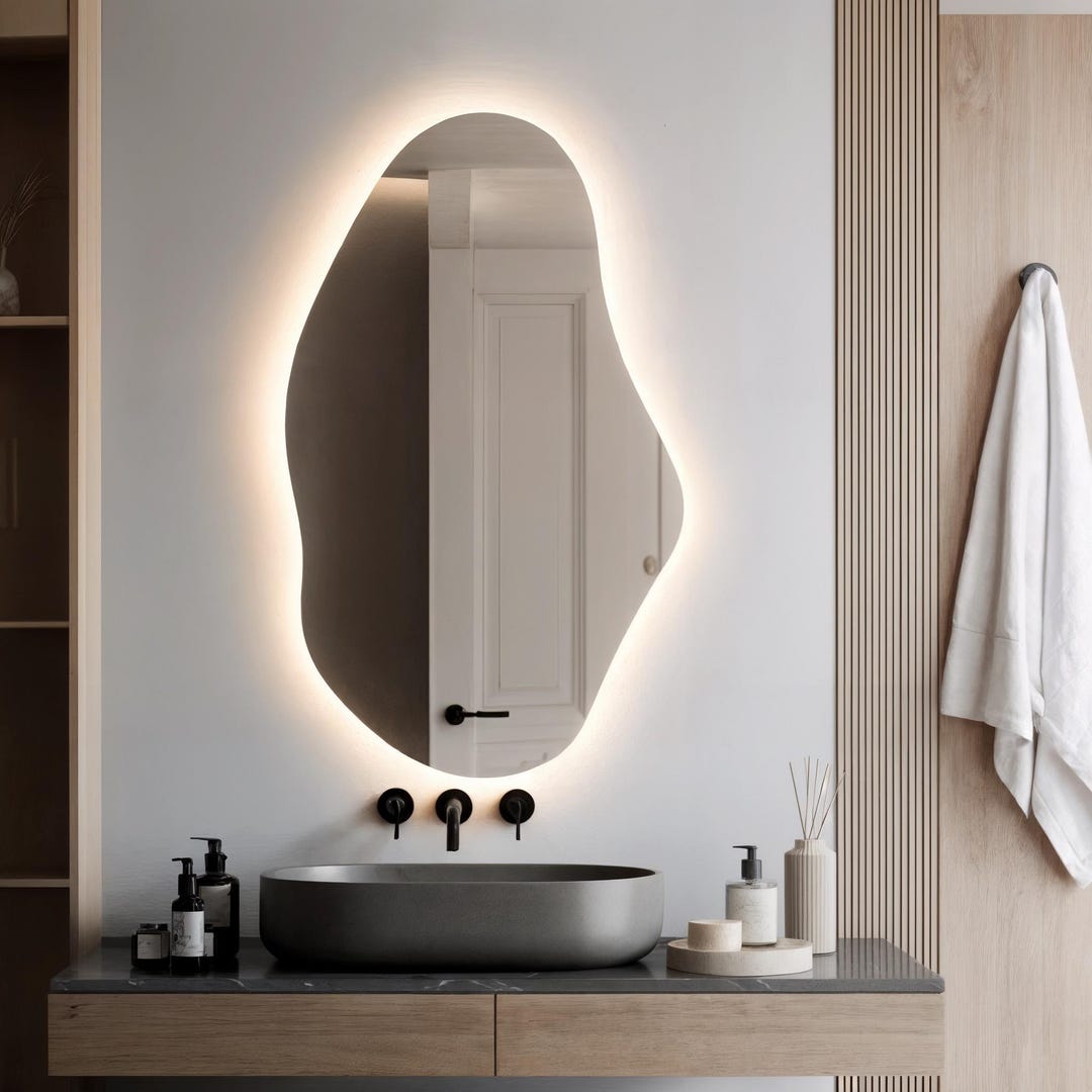 Modern Asymmetrical LED Wall Mirror – Lighted Vanity Mirror, Irregular ...