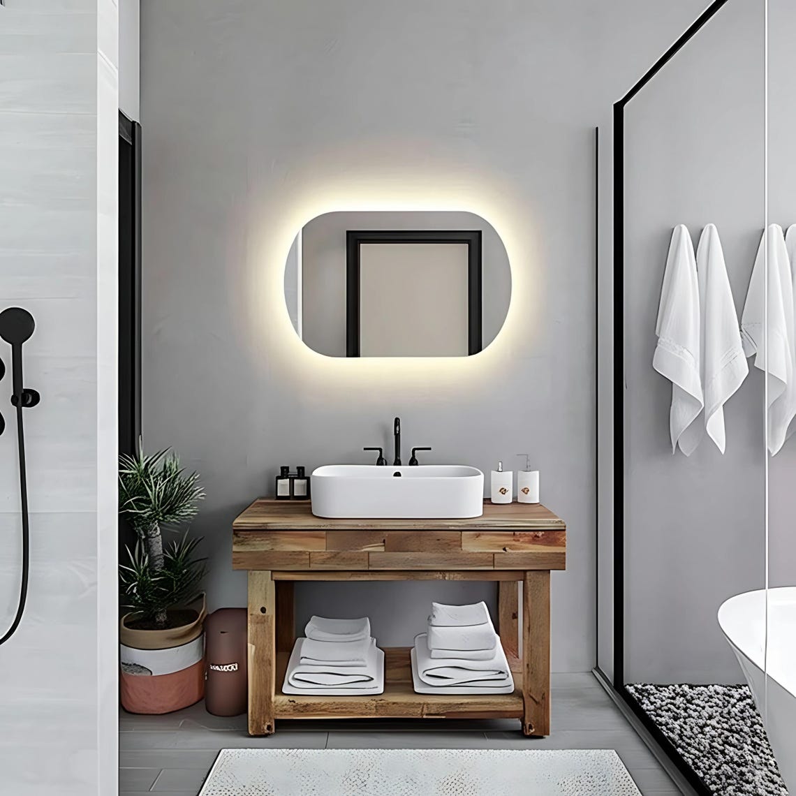Pill Shaped LED Bathroom Mirror With Light and Defogger, Oval Wall ...