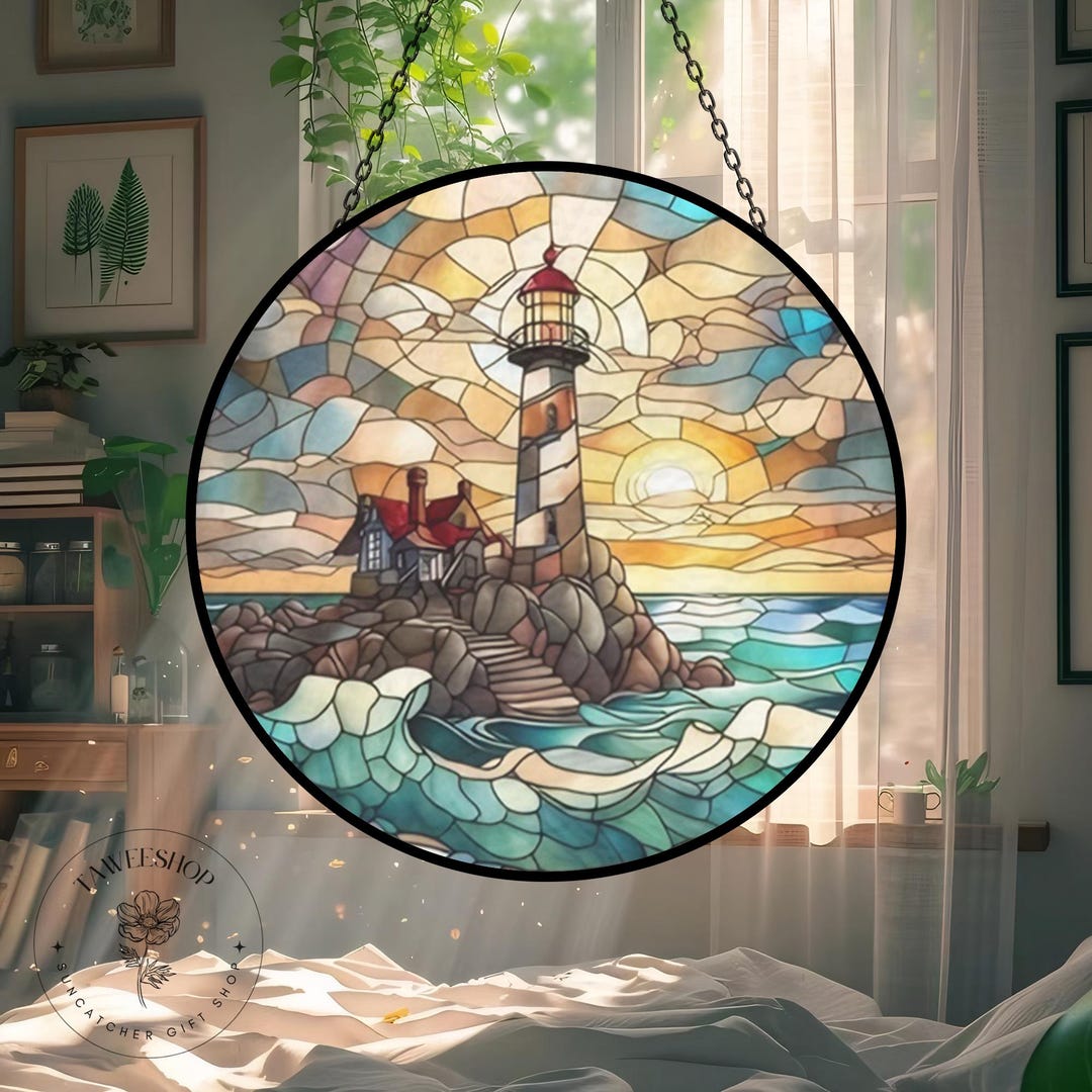 Sunset Coasts Beacon Stained Glass Suncatcher,creative Decorative Gift ...