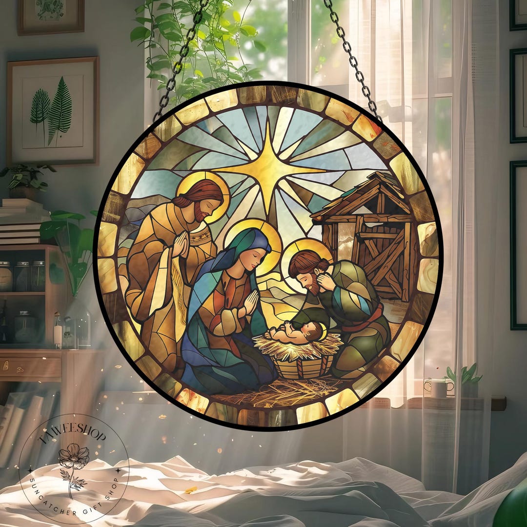 Nativity Scene Stained Glass Suncatcher, Personalized Glass Art ...
