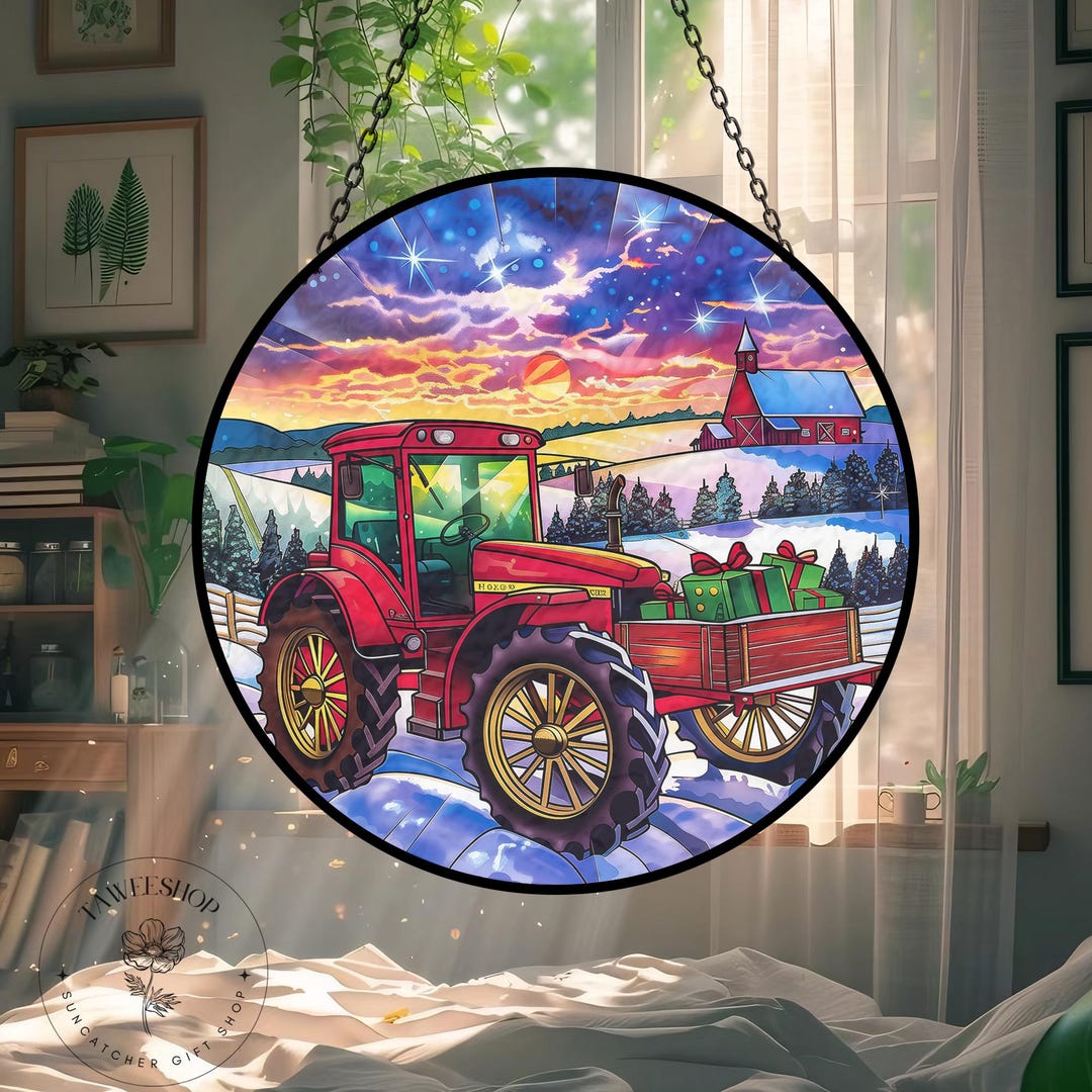 Christmas Red Tractor Farm Stained Glass Suncatcher,personalized Glass ...