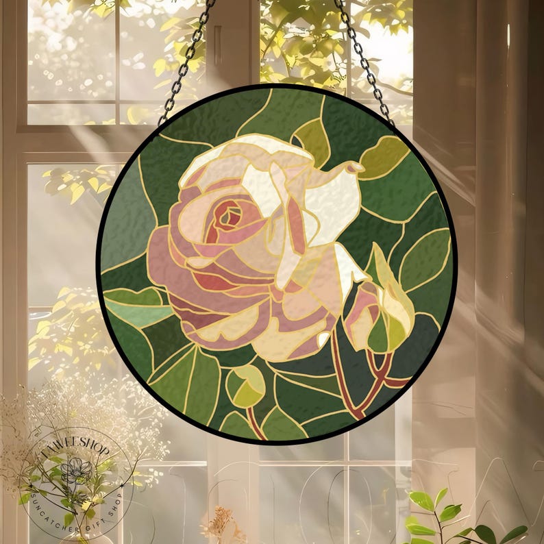 Soft Pink Rose Stained Glass Suncatcher, Personalized Glass Art ...