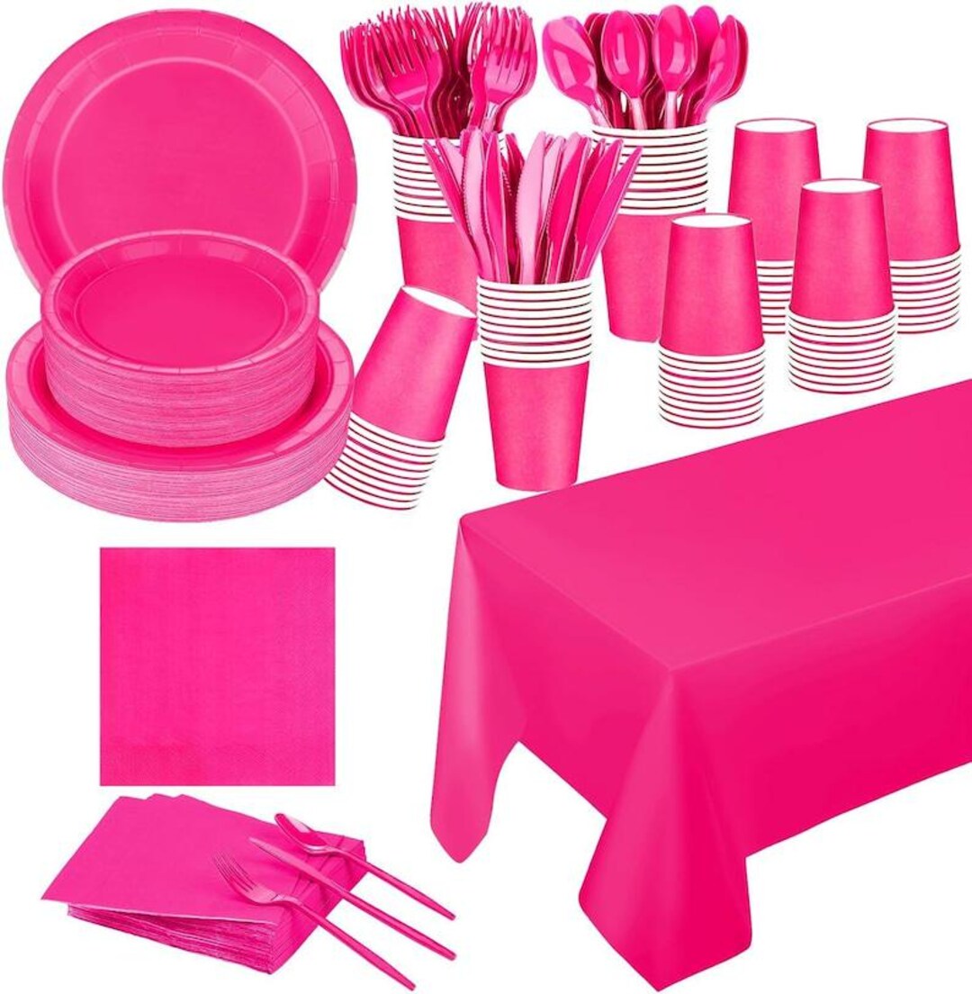 229PCS Hot Pink Party Supplies Set - Paper Disposable Plates Cups ...