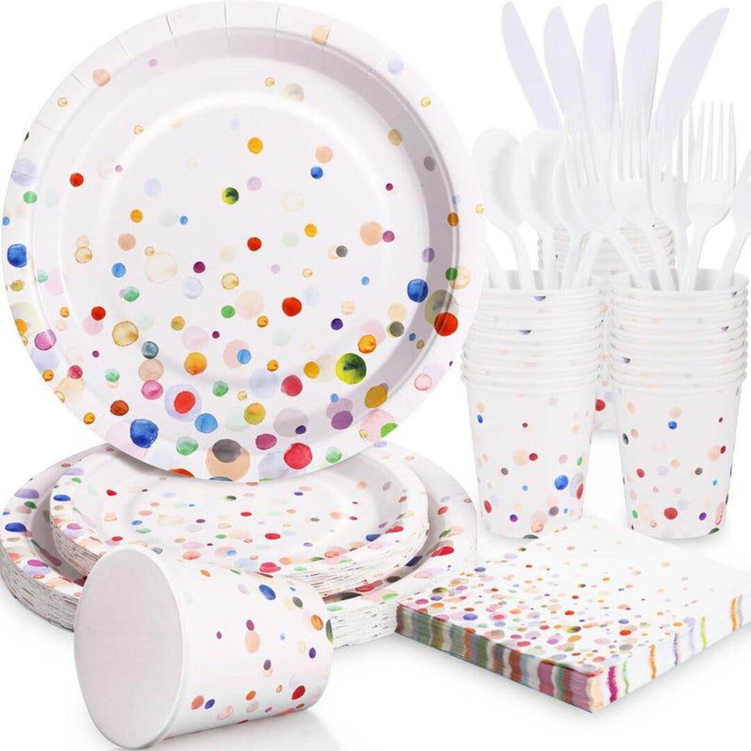 Colorful Birthday Plates and Napkins 168PCS Confetti Plates Disposable ...