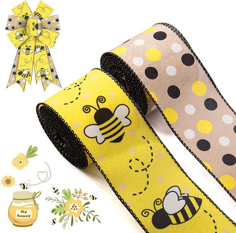 2 Rolls 2.5" 5 Yd Spring Bee Wired Edge Ribbons Black White Yellow Dots ...