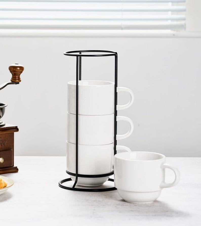 Porcelain Coffee Mug Set With Metal Stand, Ceramic Cups With Espresso ...