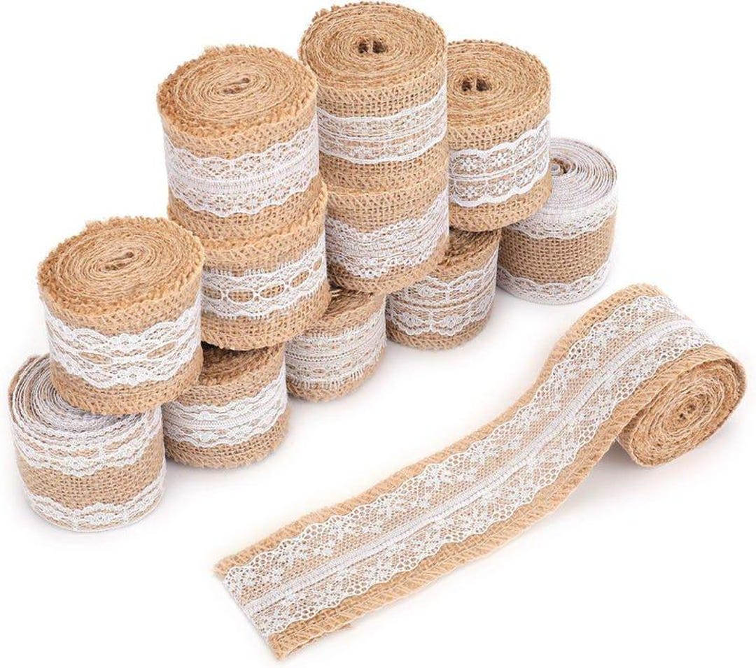 24 Yards Burlap Ribbon, 12 Rolls Natural Burlap Lace Ribbons With White ...