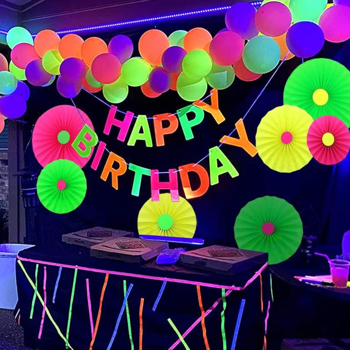 UV Neon Party Hanging Paper Fans Flower Glow in the Dark Glow Party ...