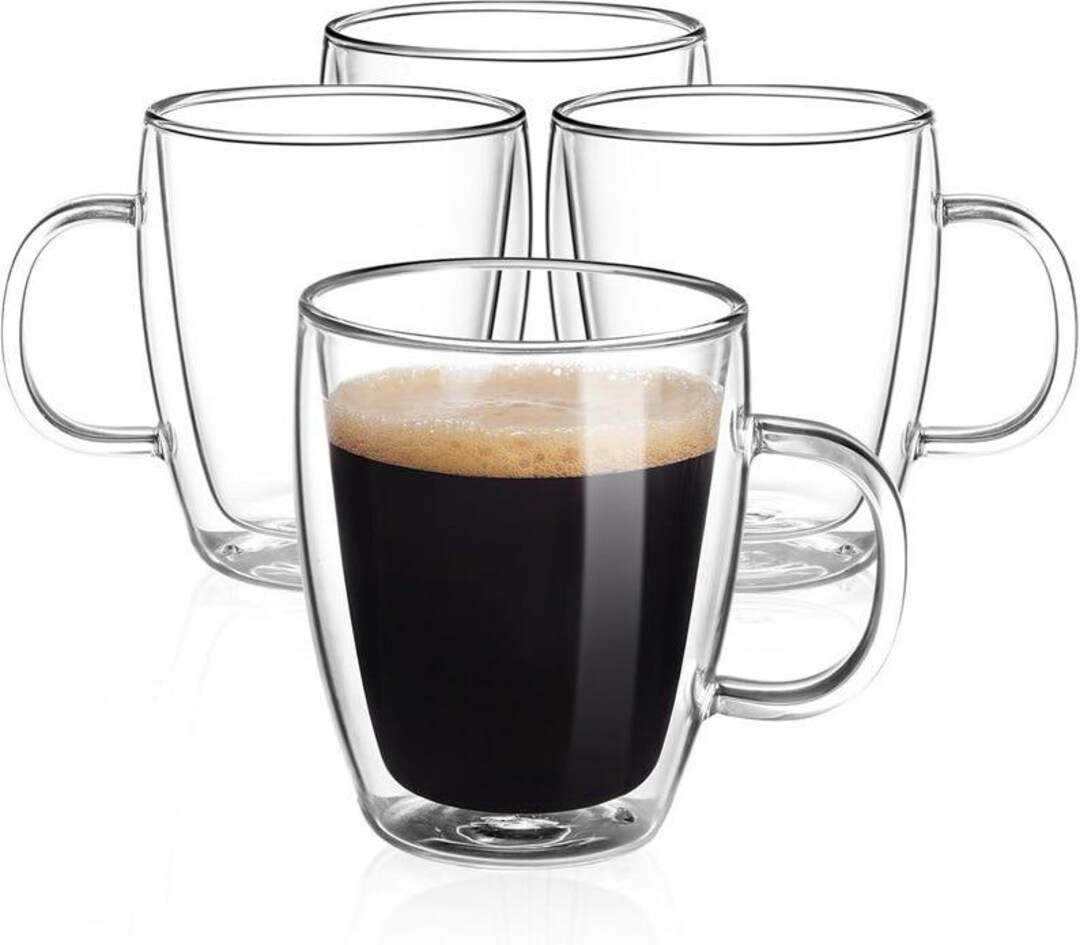 Double Wall Glass Coffee Mugs (4-pack) - 12 Ounces Clear Glass Coffee ...