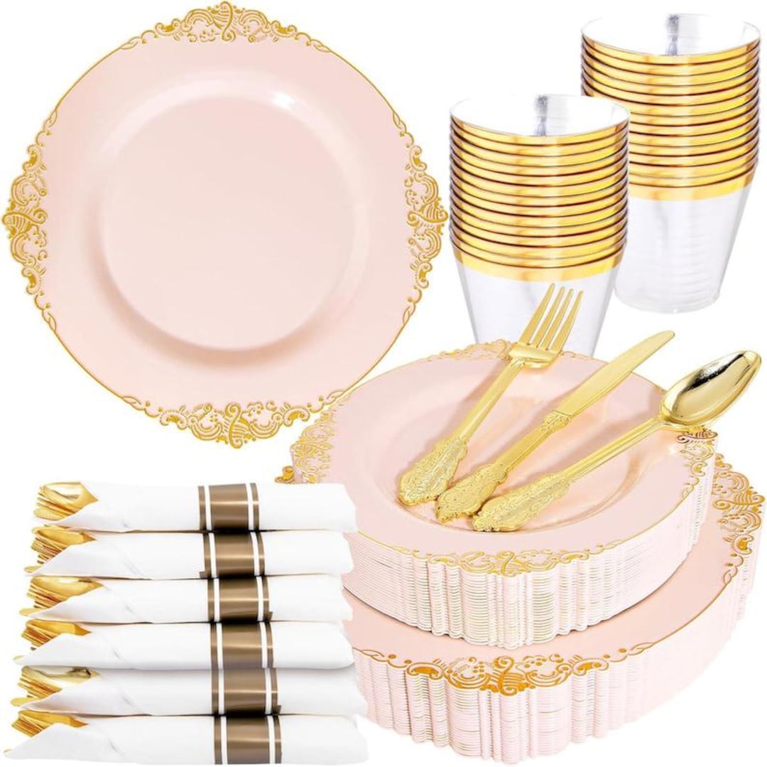 175 PCS Pink Pastic Plates - Disposable Pink Gold Party Plates & Pre ...