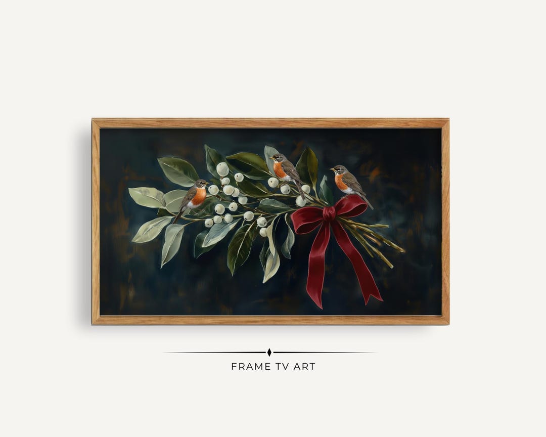 Winter Birds Frame TV Art, Red Ribbon, Mistletoe (digital Download) - Etsy