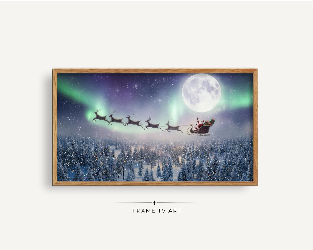 Santa Sleigh Christmas Frame TV Art, Flying Reindeer Night Scene ...