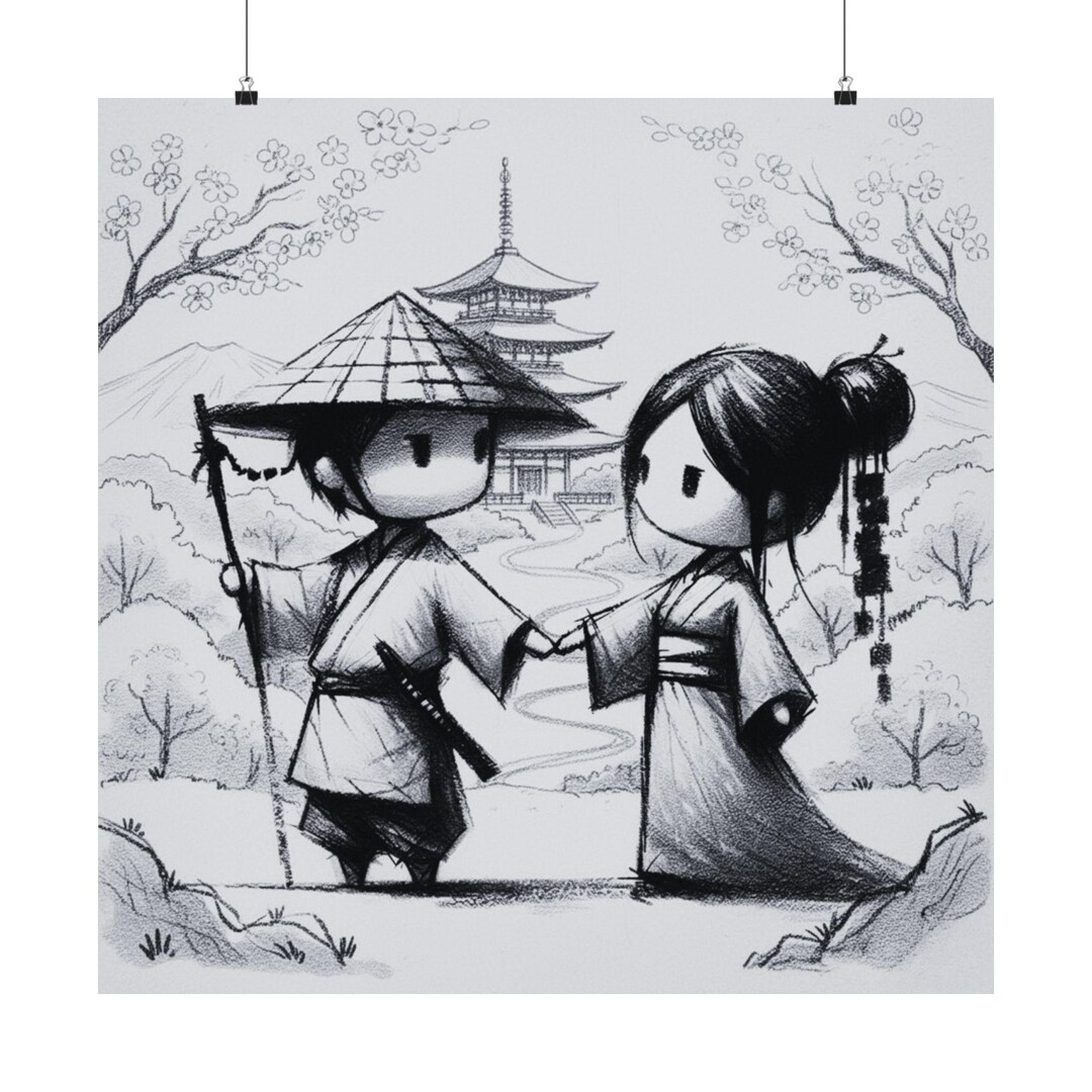 Chibi Couple in Japanese Landscape Poster, Black and White Pencil ...