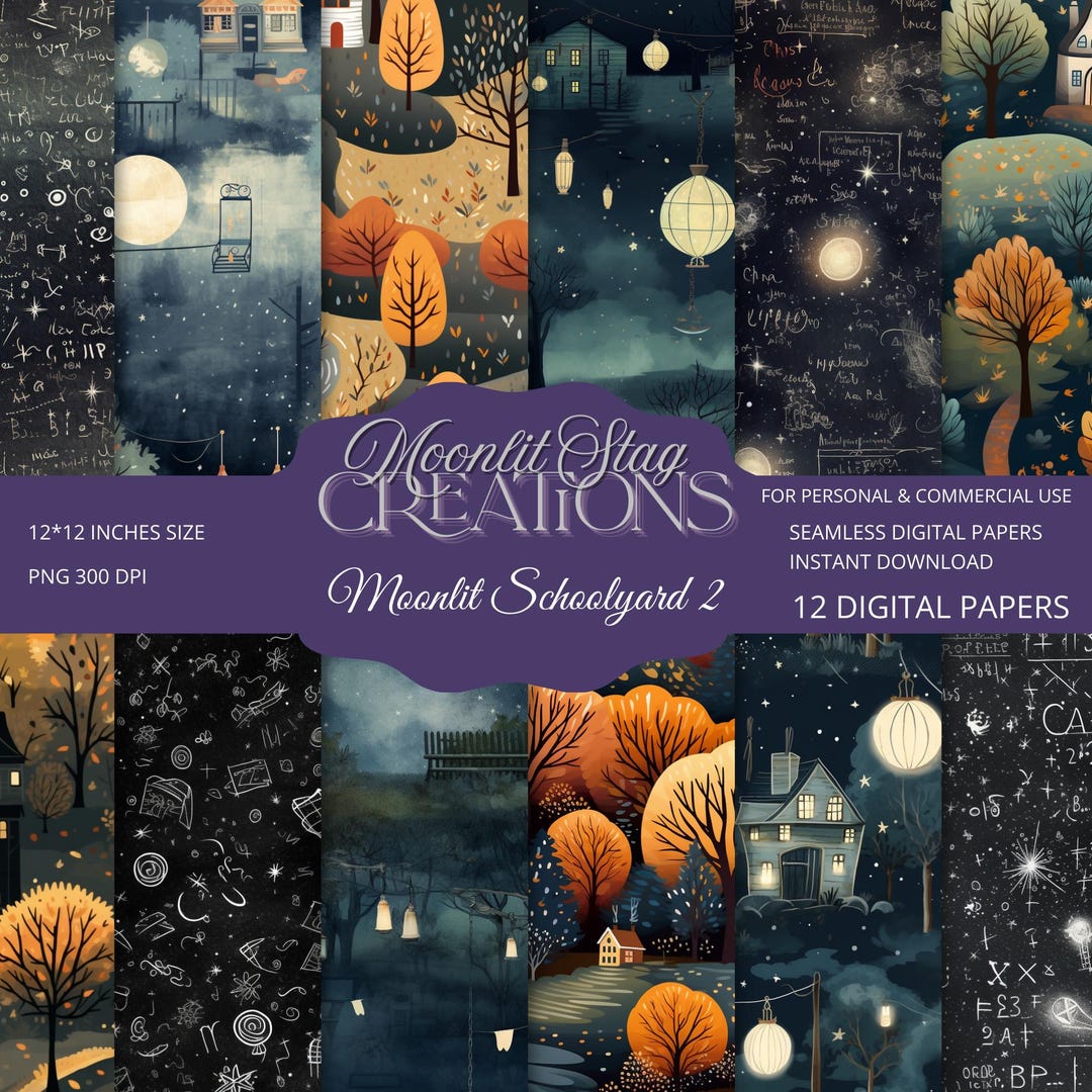 Night Sky Digital Paper Set: Autumn Schoolyard Patterns (12x12 Inch PNG ...