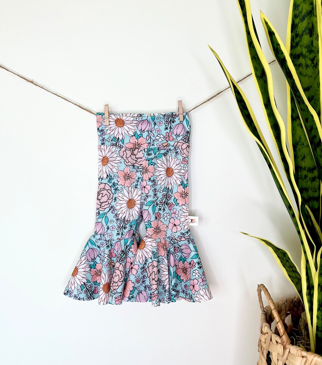 Aqua Blue Daisies Bell Bottom Pants, Boho Hippie Floral Bell Bottoms ...