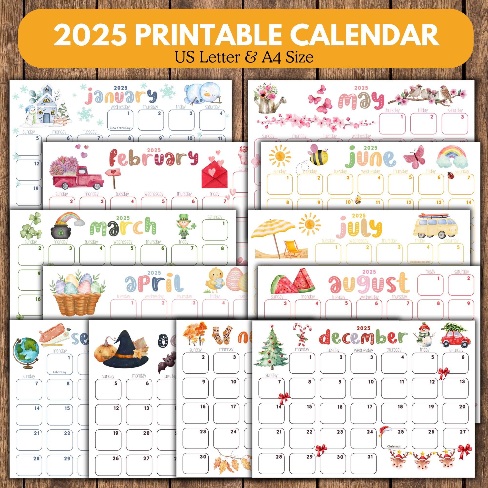 2025 Printable Kids Calendar | Fun and Colorful Digital PDF I A4 and US ...