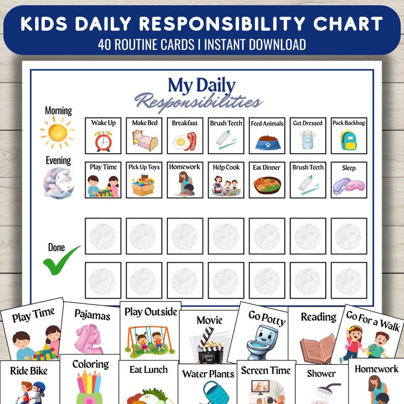 Kids Responsibility Chart + 40 Routine Cards | Printable Chore Chart ...